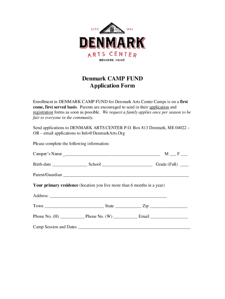 Fillable Online Denmark Camp Fund Application 2023 - Enroll in Arts ...