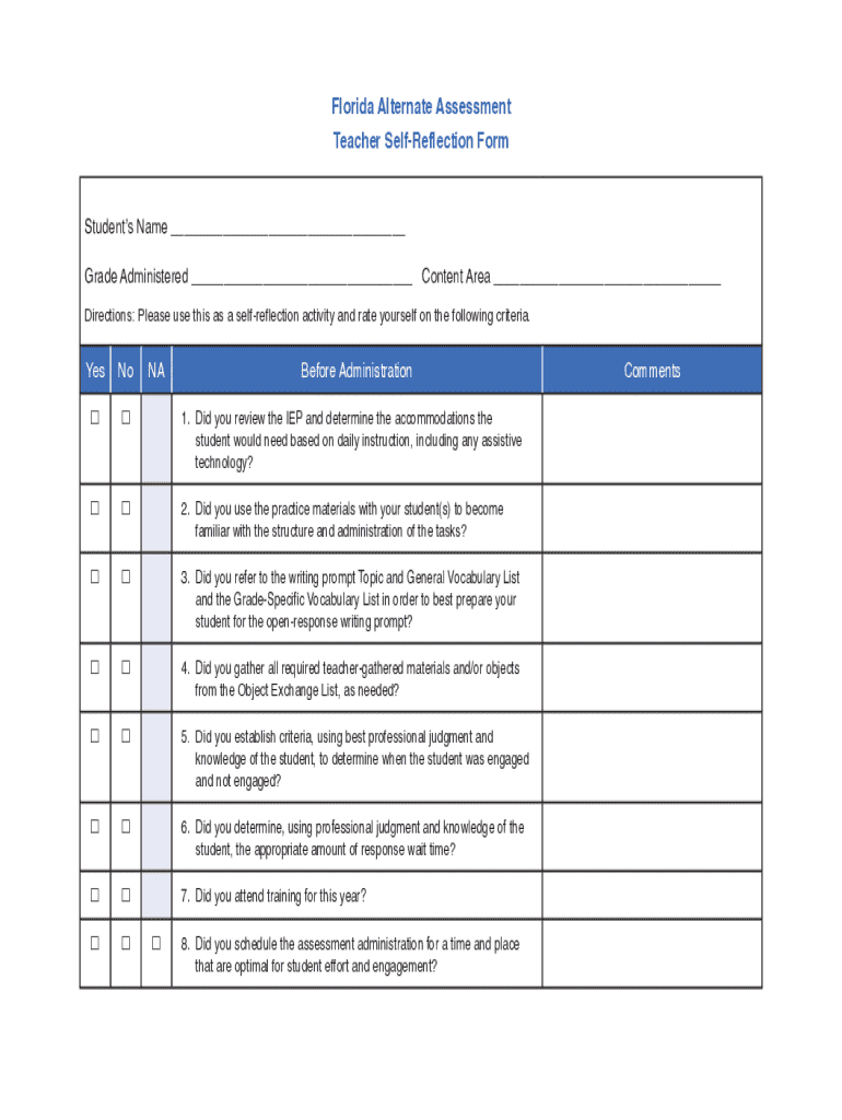 Fillable Online Florida Alternate Assessment Teacher Self-Reflection ...