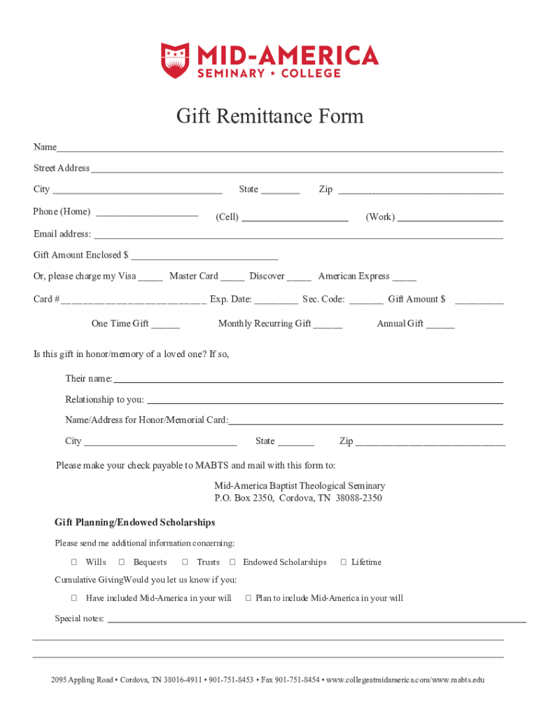 Fillable Online Gift Remittance Form for Donations - 2023 Fax Email Print - pdfFiller