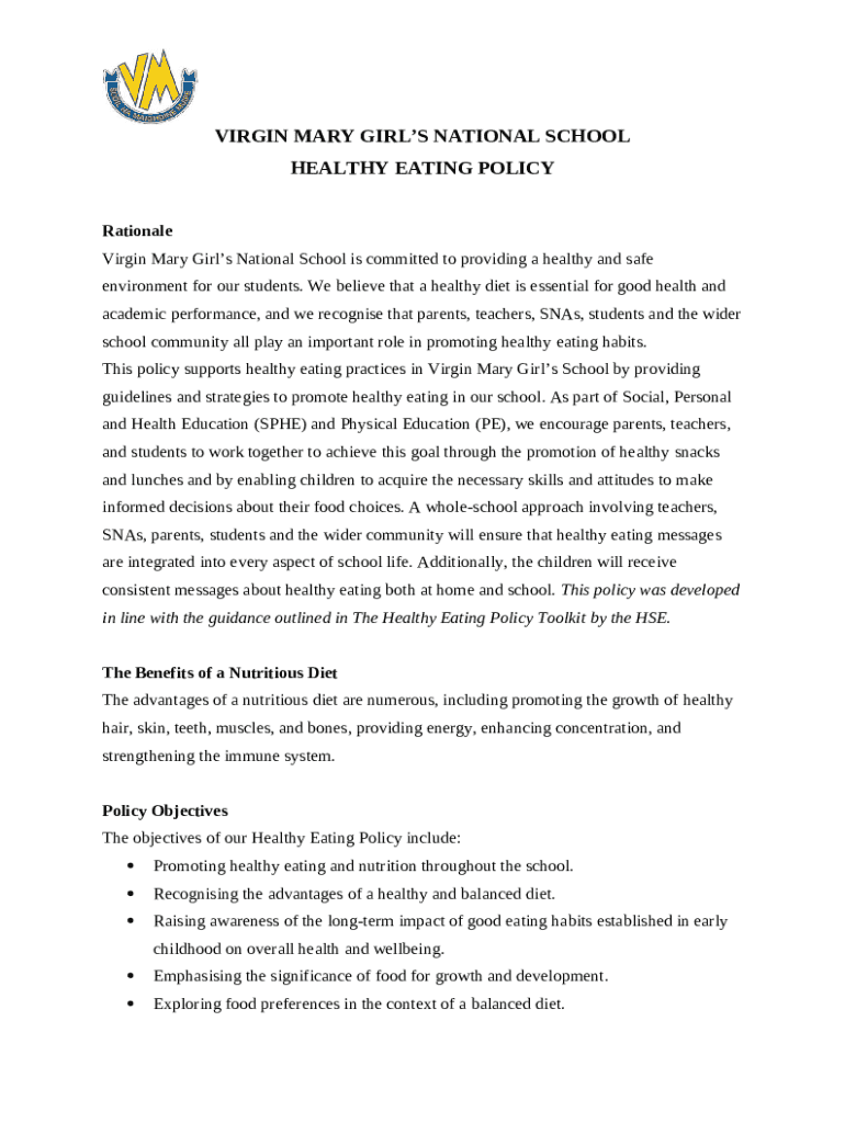 Healthy Eating Policy Virgin Mary Girl's National School Doc Template ...