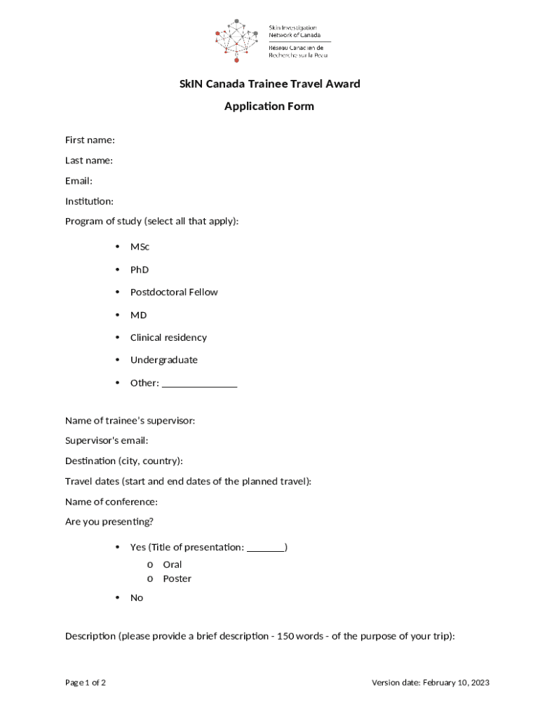 Skin Canada Trainee Travel Award Application Doc Template | pdfFiller