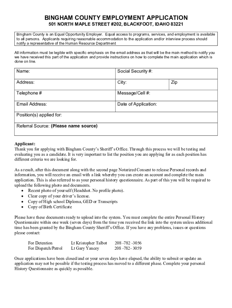 Fillable Online Bingham County Employment Application 2023 - Equal ...