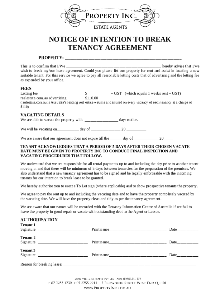 Notice of Intention to Break Tenancy Agreement Doc Template | pdfFiller
