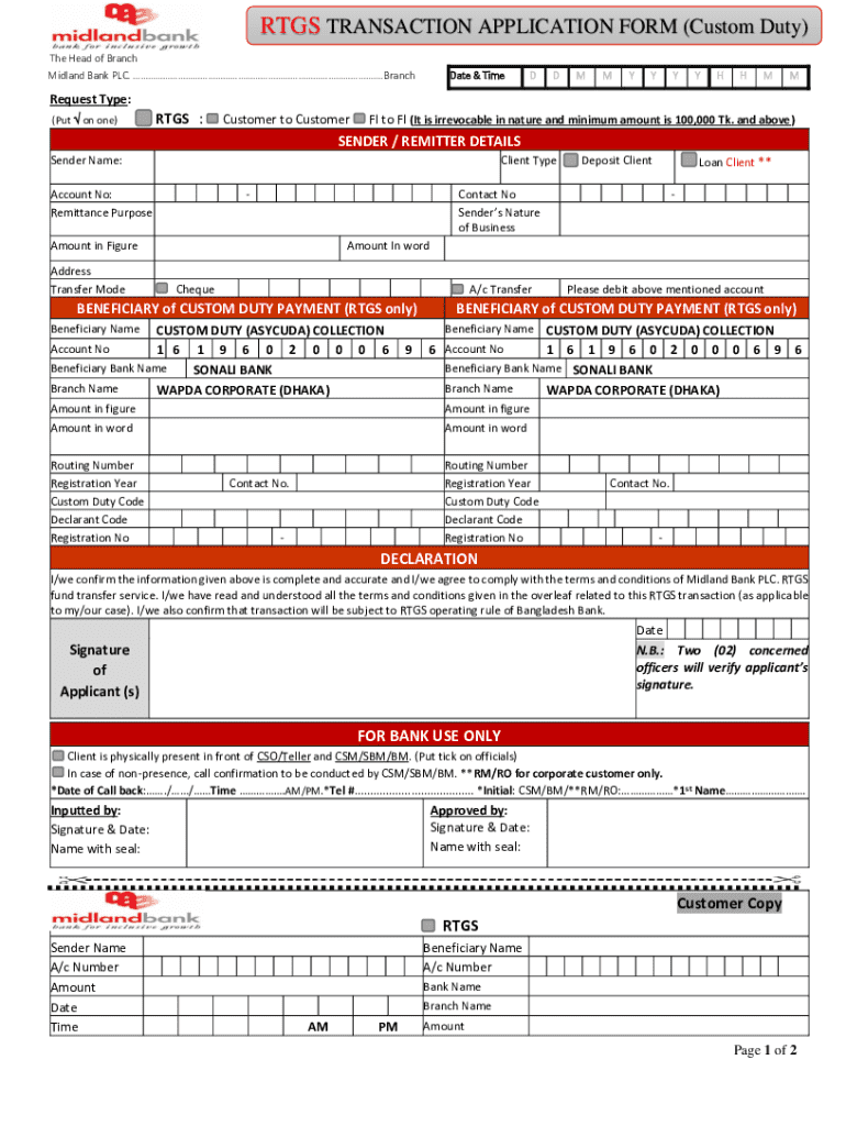 Fillable Online RTGS TRANSACTION APPLICATION FORM (Custom Duty) Fax ...