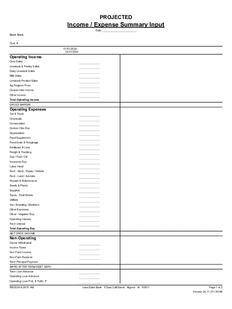 Fillable Online Projected Income and Expense Summary for 2024 - Iowa ...
