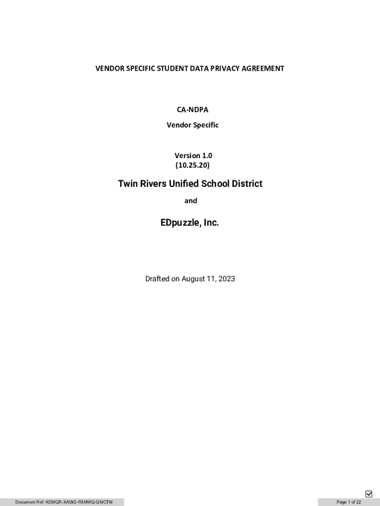 Fillable Online Vendor Specific Student Data Privacy Agreement 2023 Fax ...