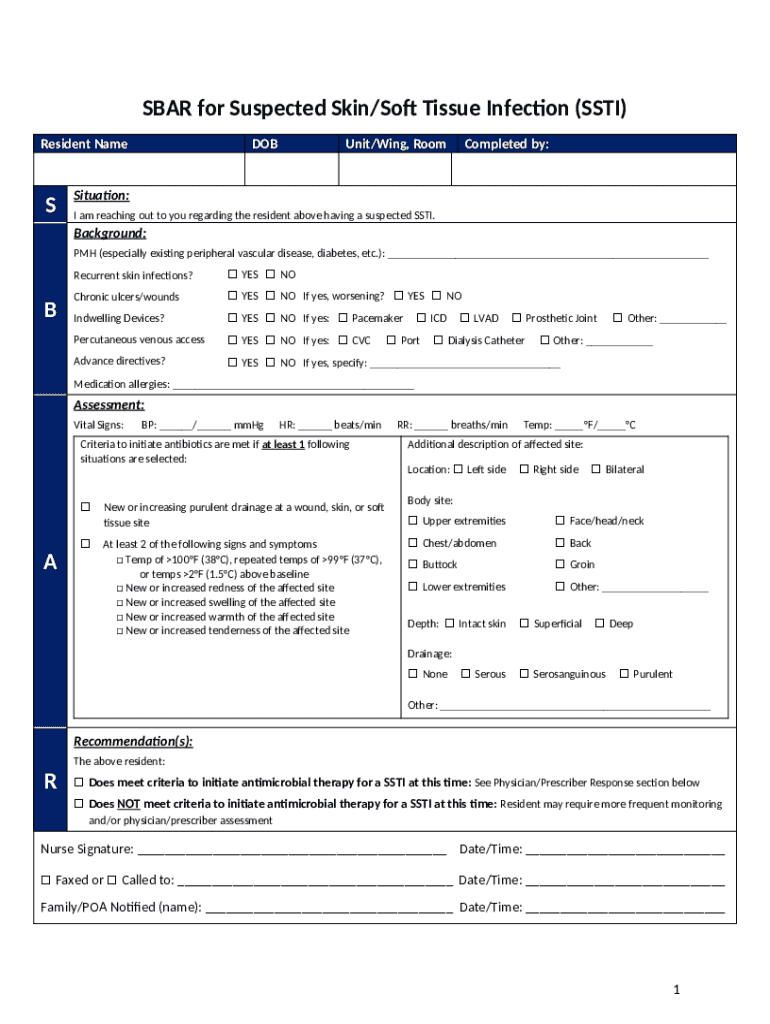 Sbar for Suspected Skin/soft Tissue Infection (ssti) - health mo Doc ...