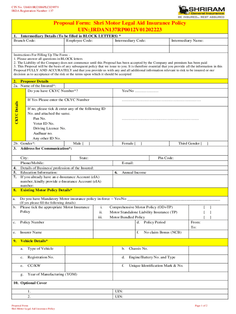 Fillable Online Shri Motor Legal Aid Insurance Policy Proposal Form ...