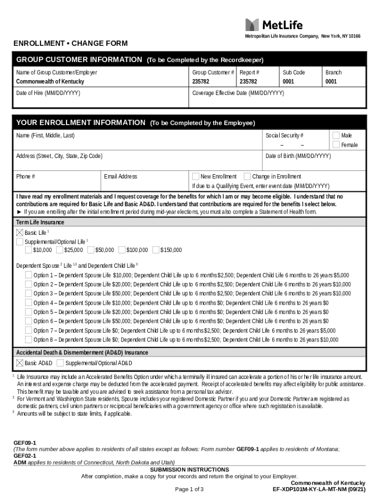 Metropolitan Life Insurance Enrollment Change Doc Template | pdfFiller