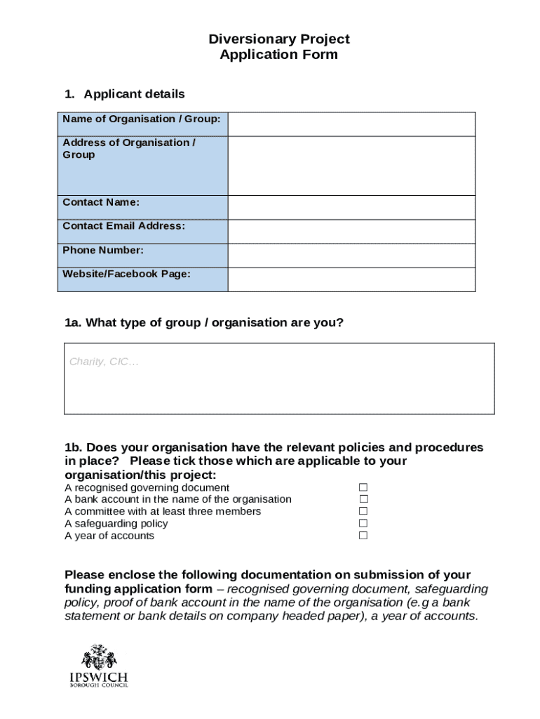 Diversionary Project Application Doc Template | pdfFiller