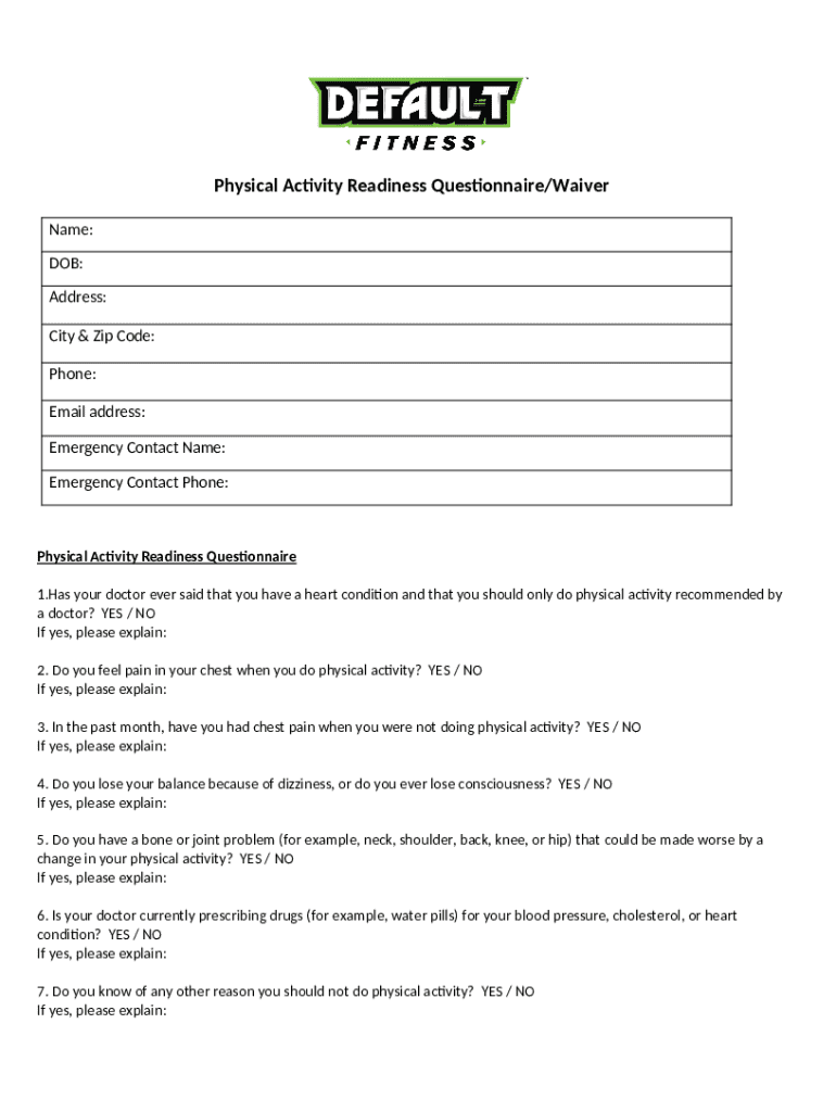 Physical Activity Readiness Questionnaire/waiver Doc Template | pdfFiller
