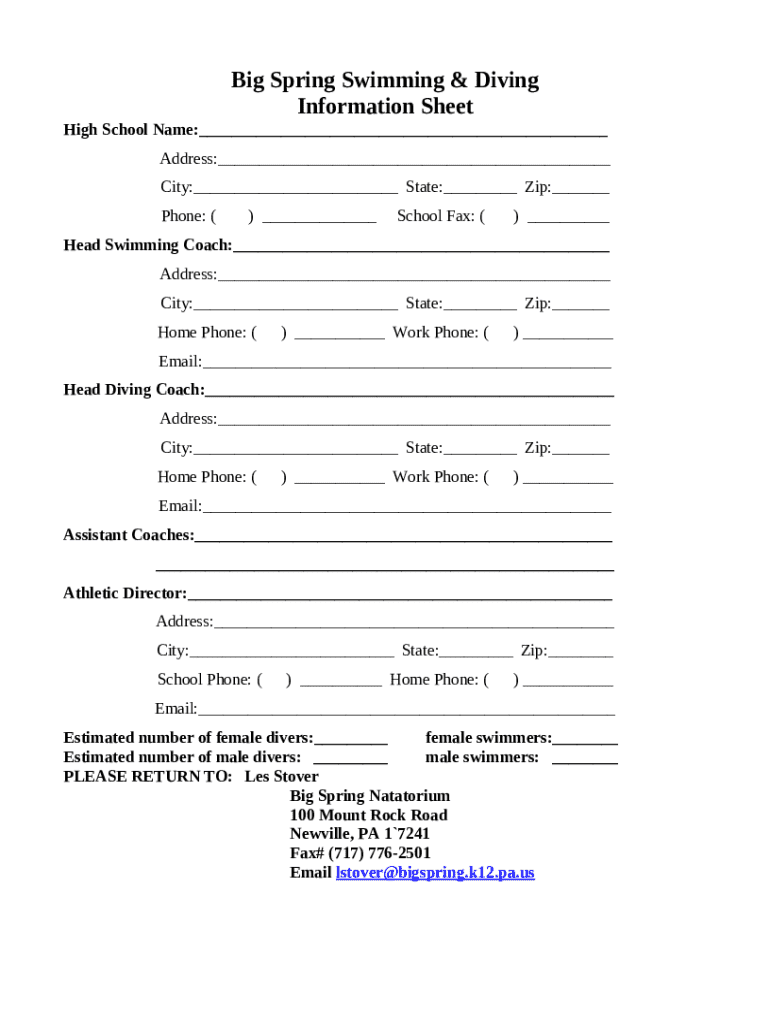 Big Spring Swimming & Diving Ination Sheet Doc Template | pdfFiller
