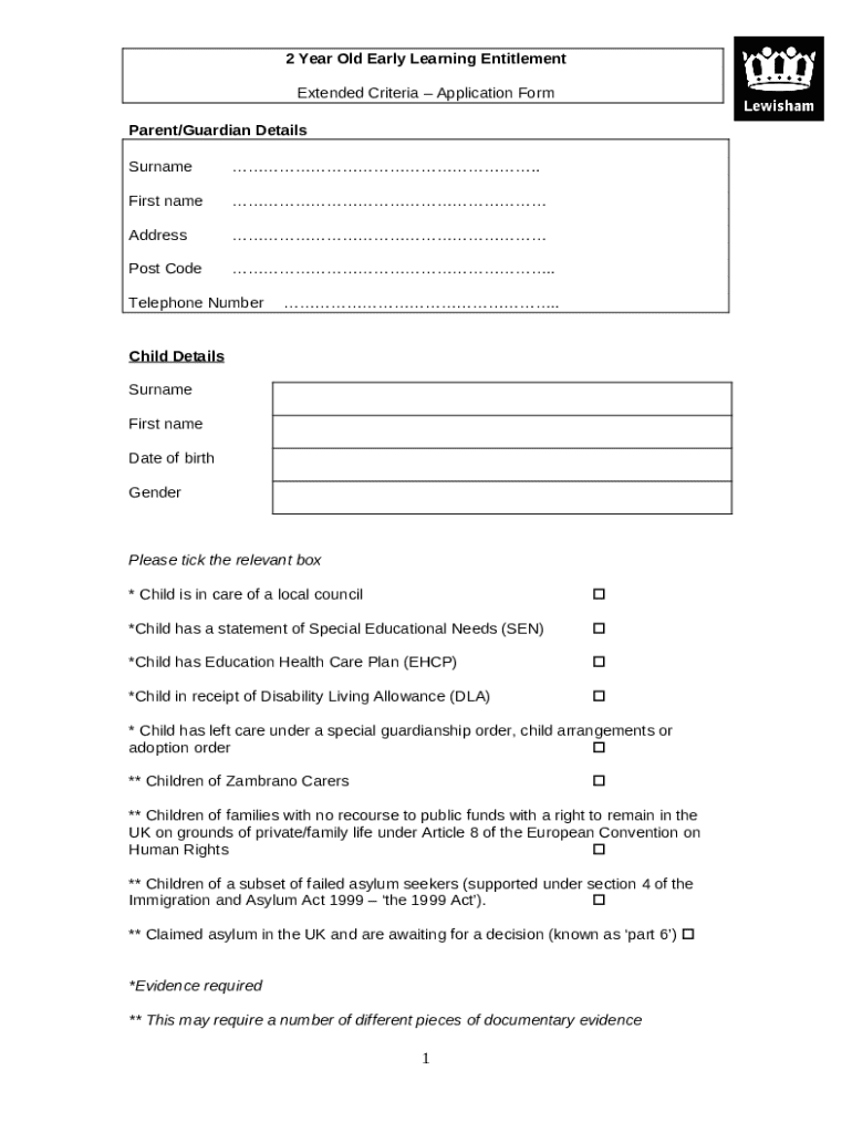 2 year old early learning entitlement application (extended criteria ...