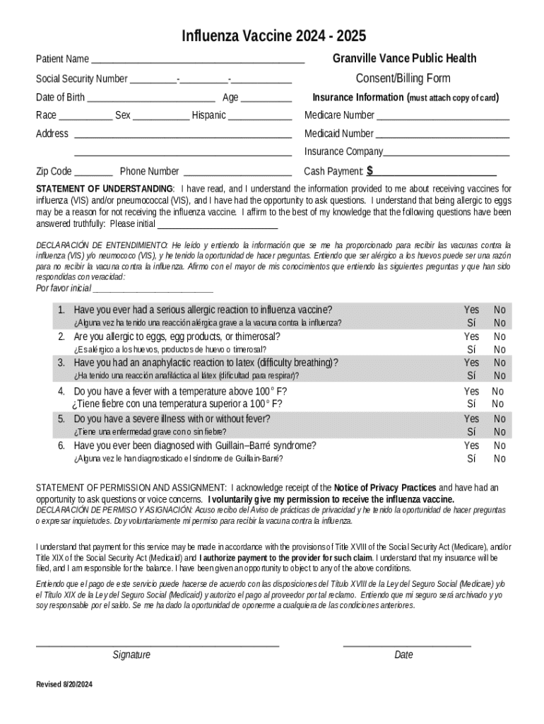 Influenza Vaccine 2024 - 2025 Consent/billing Doc Template | pdfFiller