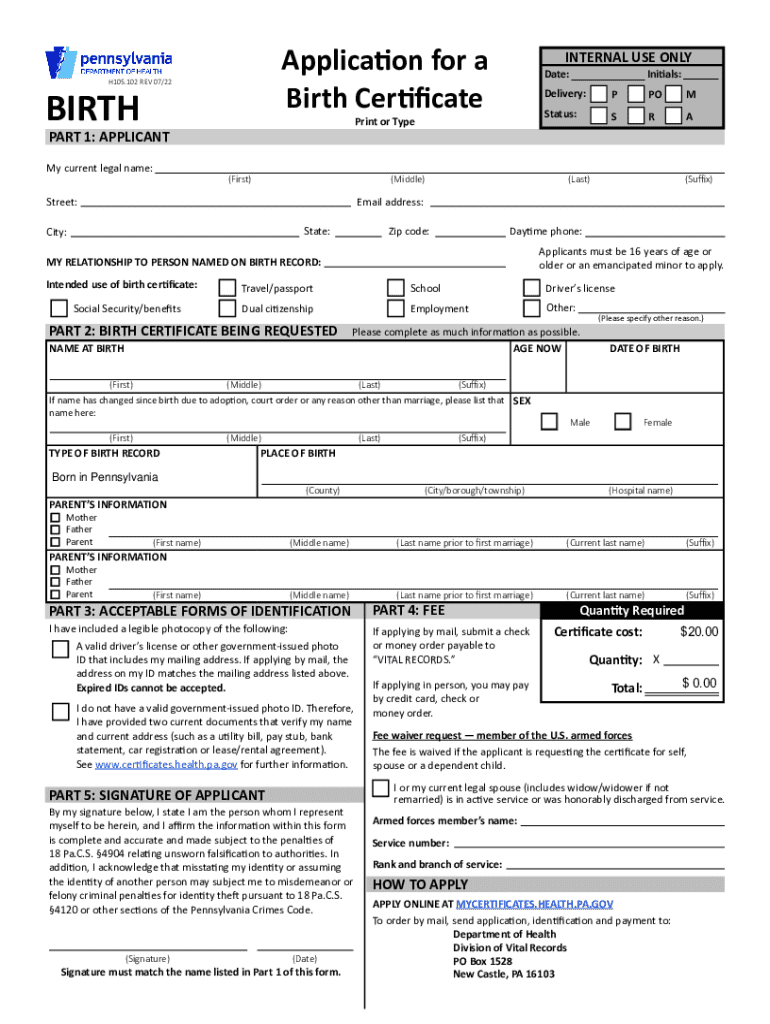 Fillable Online Application for Birth Certificate in Pennsylvania 2022 Fax Email Print - pdfFiller