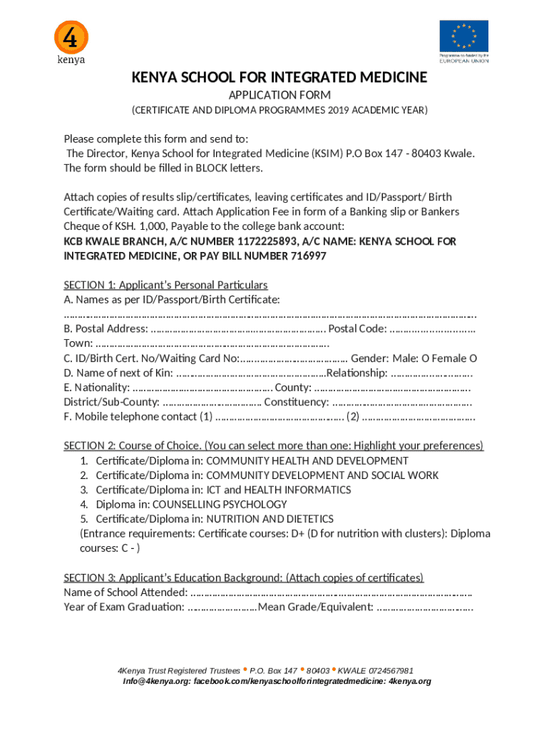 Kenya School for Integrated Medicine Application Doc Template | pdfFiller