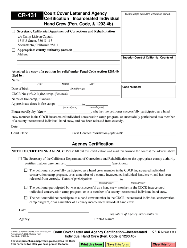 Fillable Online Court Cover Letter and Agency Certification for ...