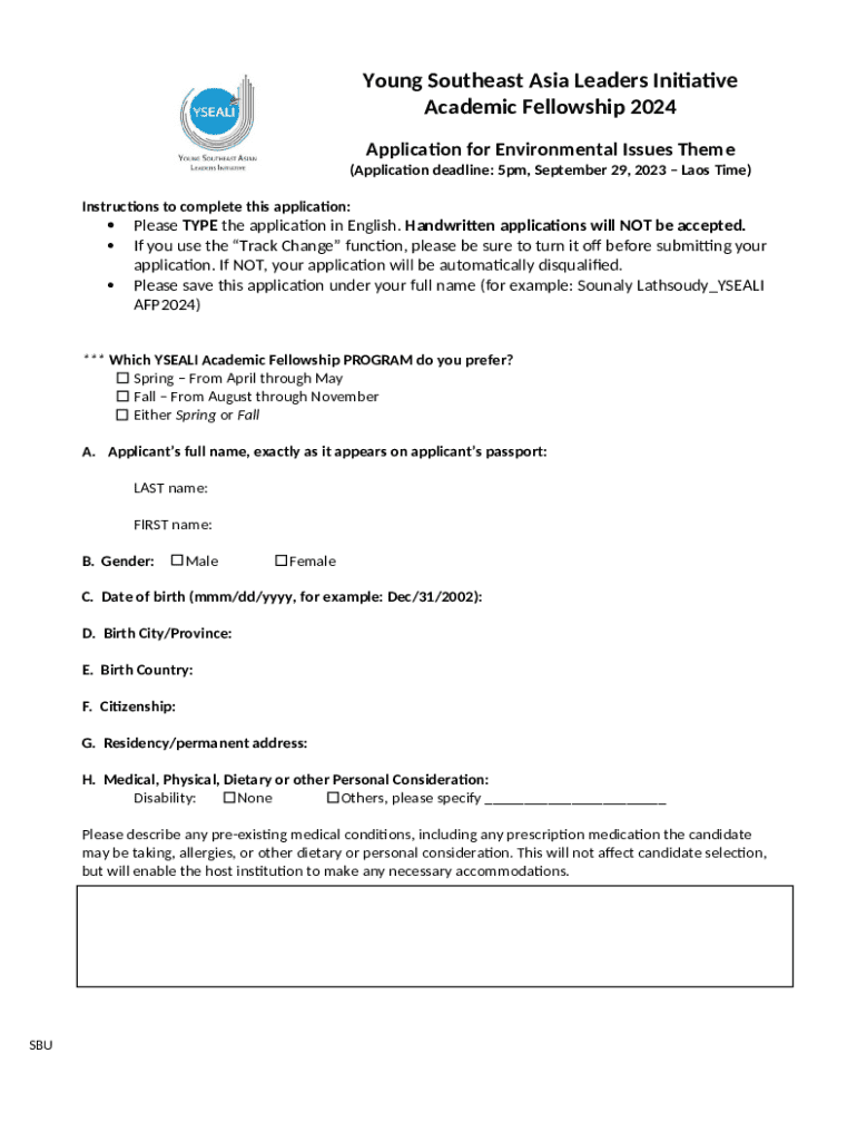 YSEALI Academic Fellowship on Environmental Issues Doc Template | pdfFiller