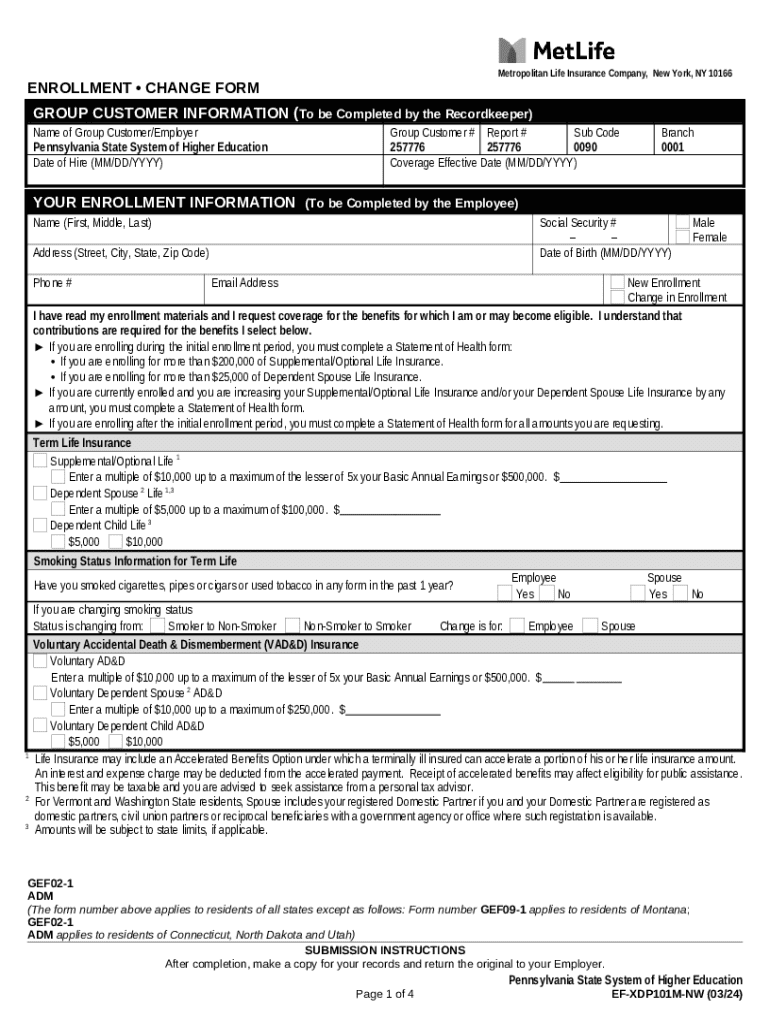 Metropolitan Life Insurance Enrollment Change Doc Template | pdfFiller
