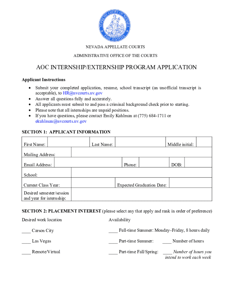 Fillable Online 2023 Aoc Internship Program Application - Nevada ...