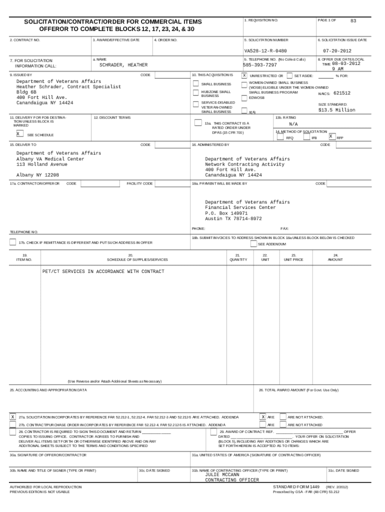 Sf 1449 Solicitation/contract for Commercial Items Doc Template | pdfFiller