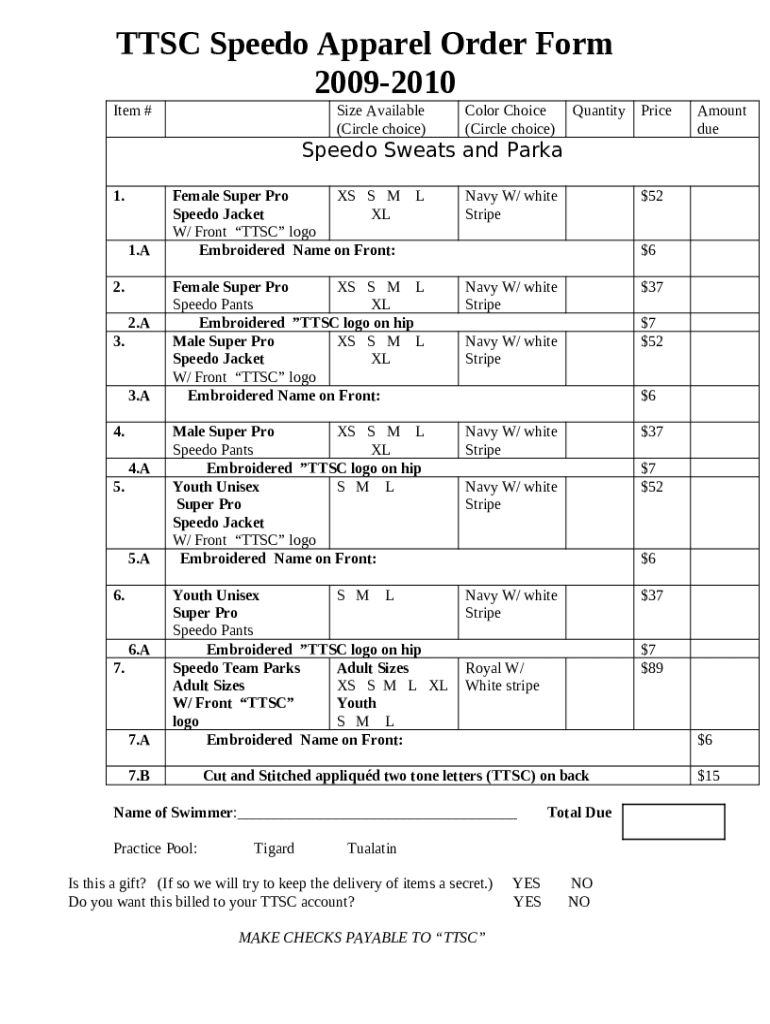 Ttsc Speedo Apparel Order Doc Template | pdfFiller