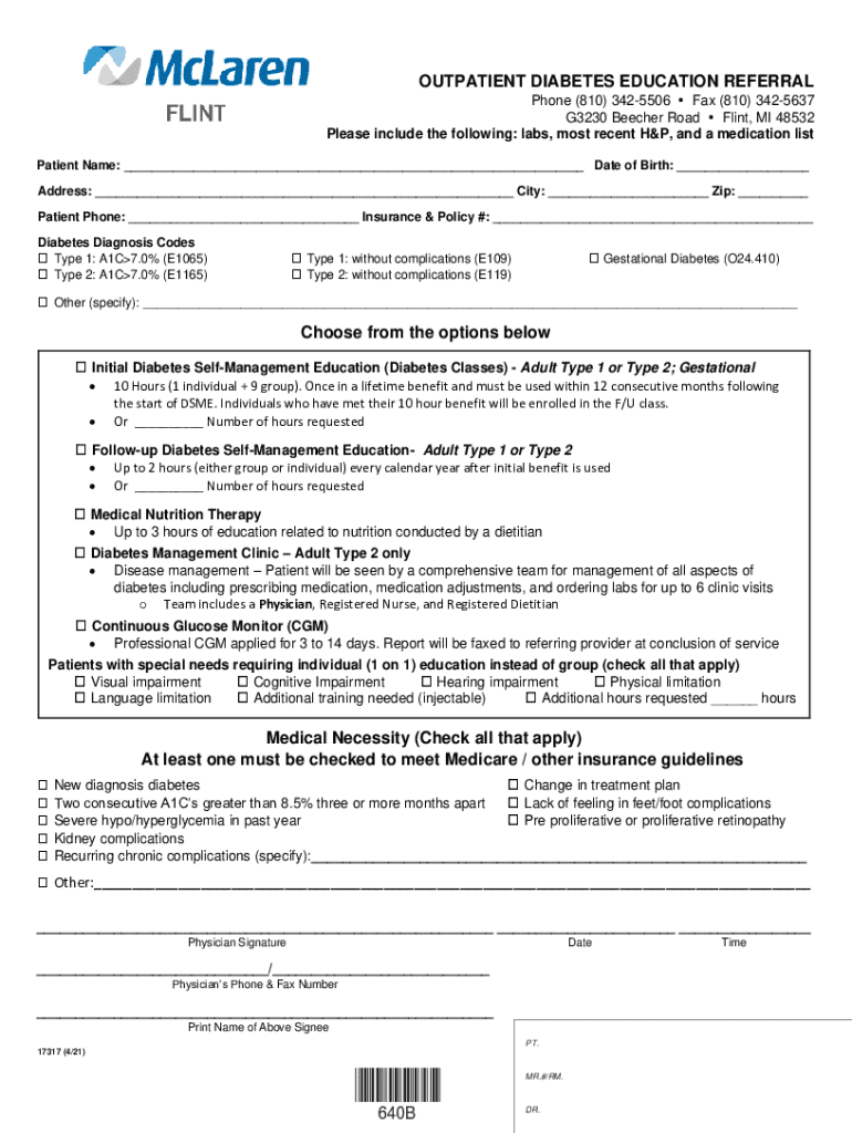 Fillable Online physician orders / referral to diabetes out-patient ...