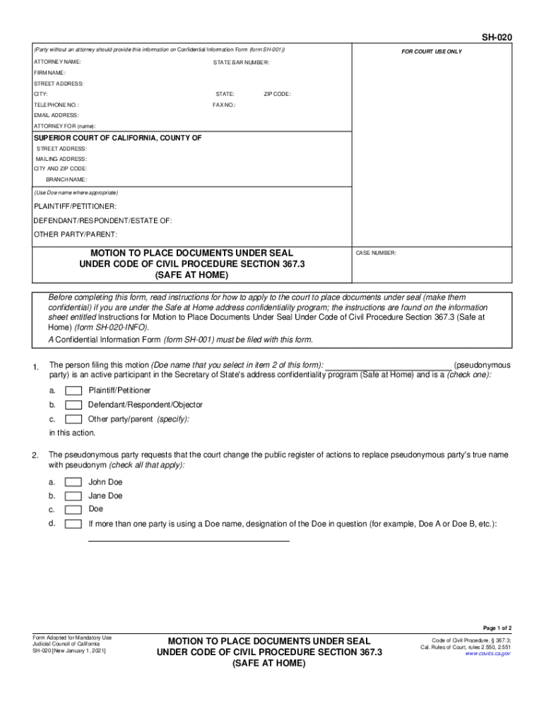 Fillable Online SH-020 MOTION TO PLACE DOCUMENTS UNDER SEALUNDER CODE ...