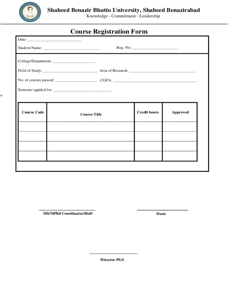 Fillable Online Course Registration Form for Shaheed Benazir Bhutto University 2023 Fax Email ...
