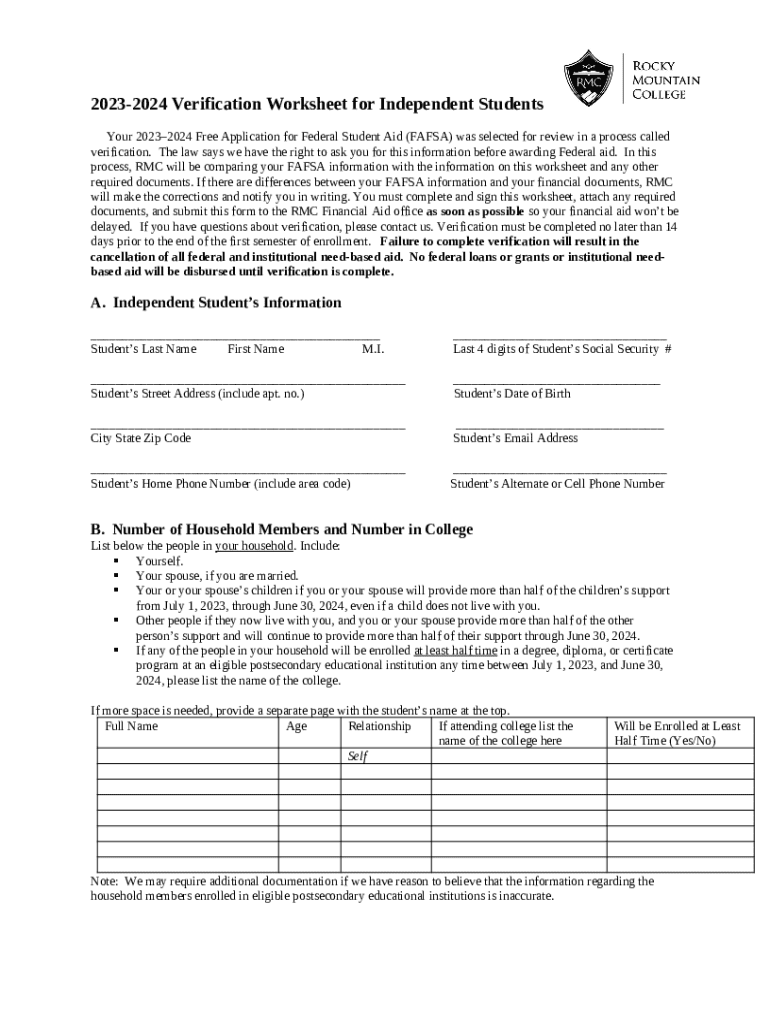 2023-2024 VERIFICATION WORKSHEET INDEPENDENT ... Doc Template | pdfFiller