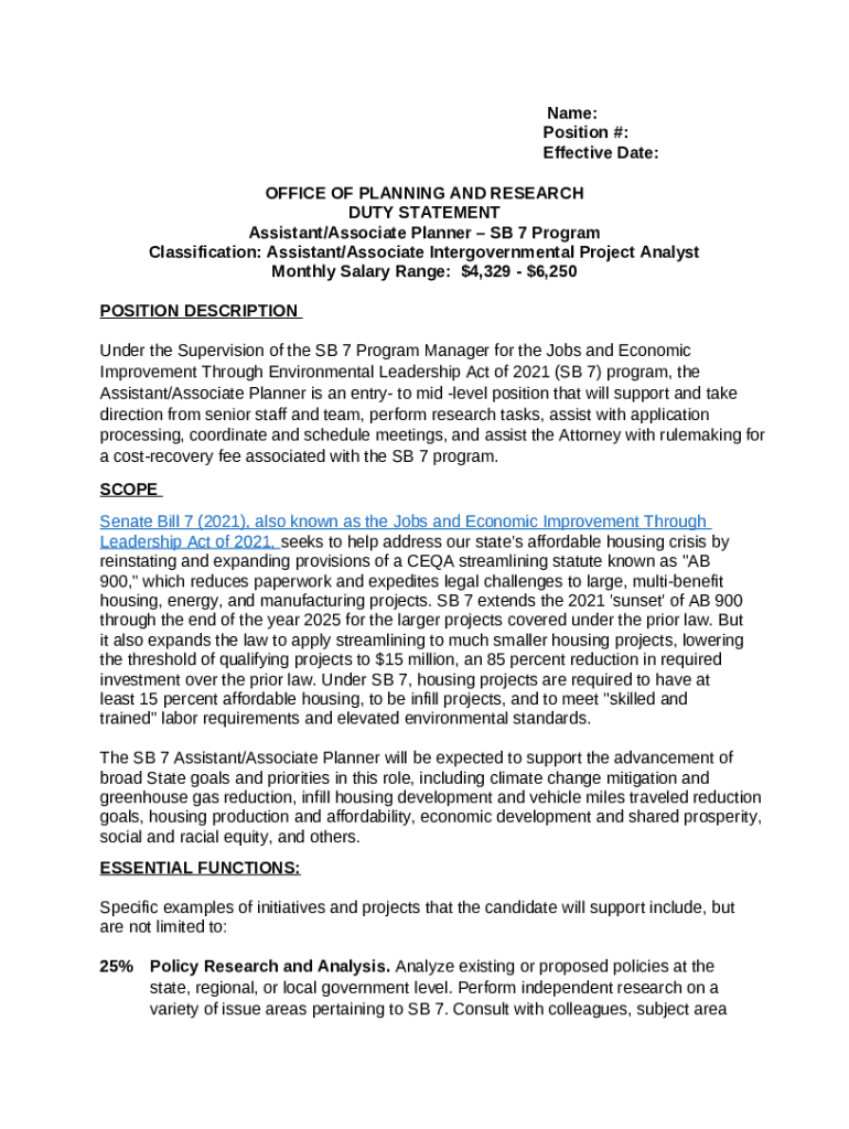Assistant/associate Planner Duty Statement Doc Template | pdfFiller