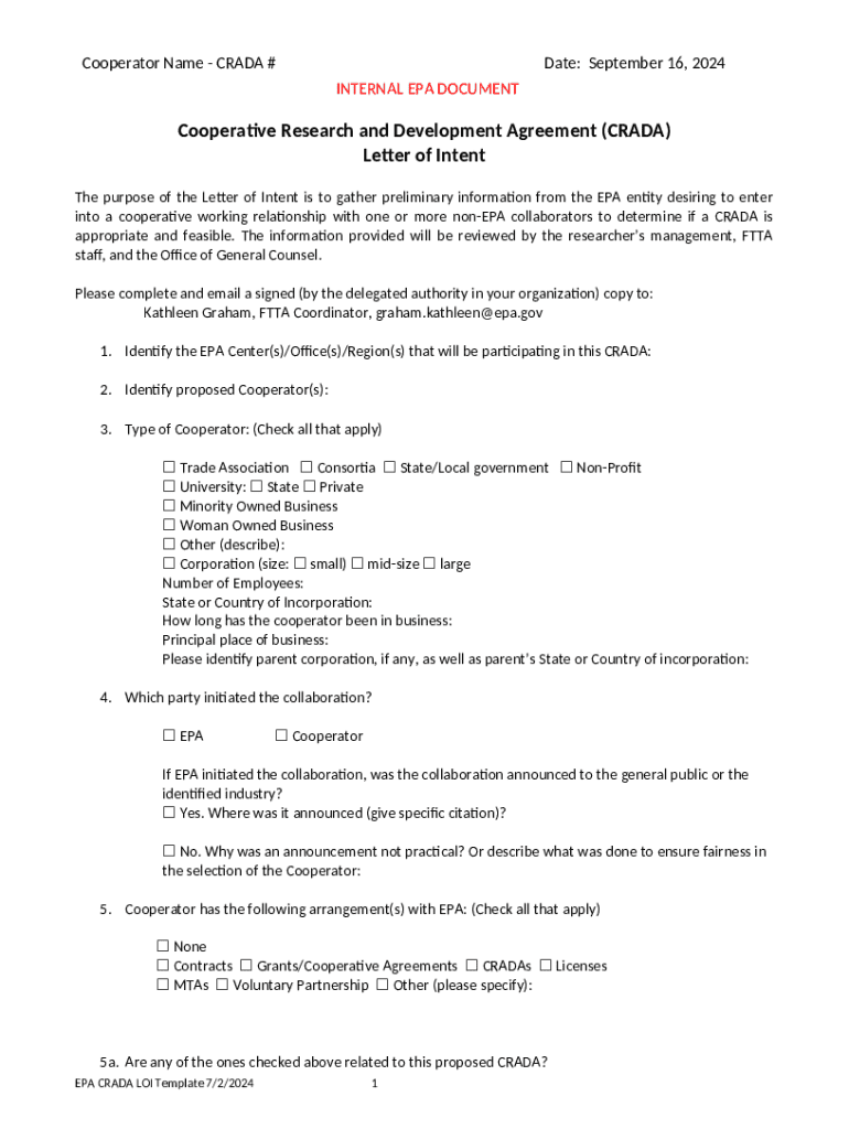 Cooperative Research and Development Agreement (crada) Letter of Intent ...