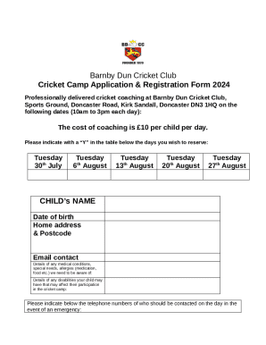 Cricket Camp Application & Registration Doc Template | pdfFiller