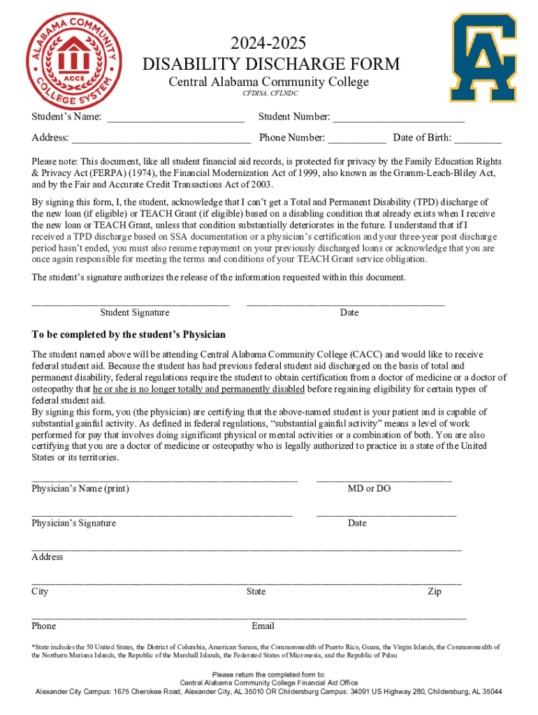Fillable Online Disability Discharge Form 2024-2025 - Central Alabama Community College Fax ...