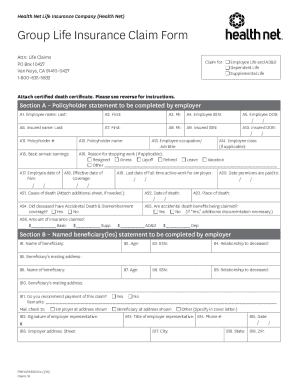 Fillable Online Health Net Group Life Insurance Claim Form 2023 Fax ...