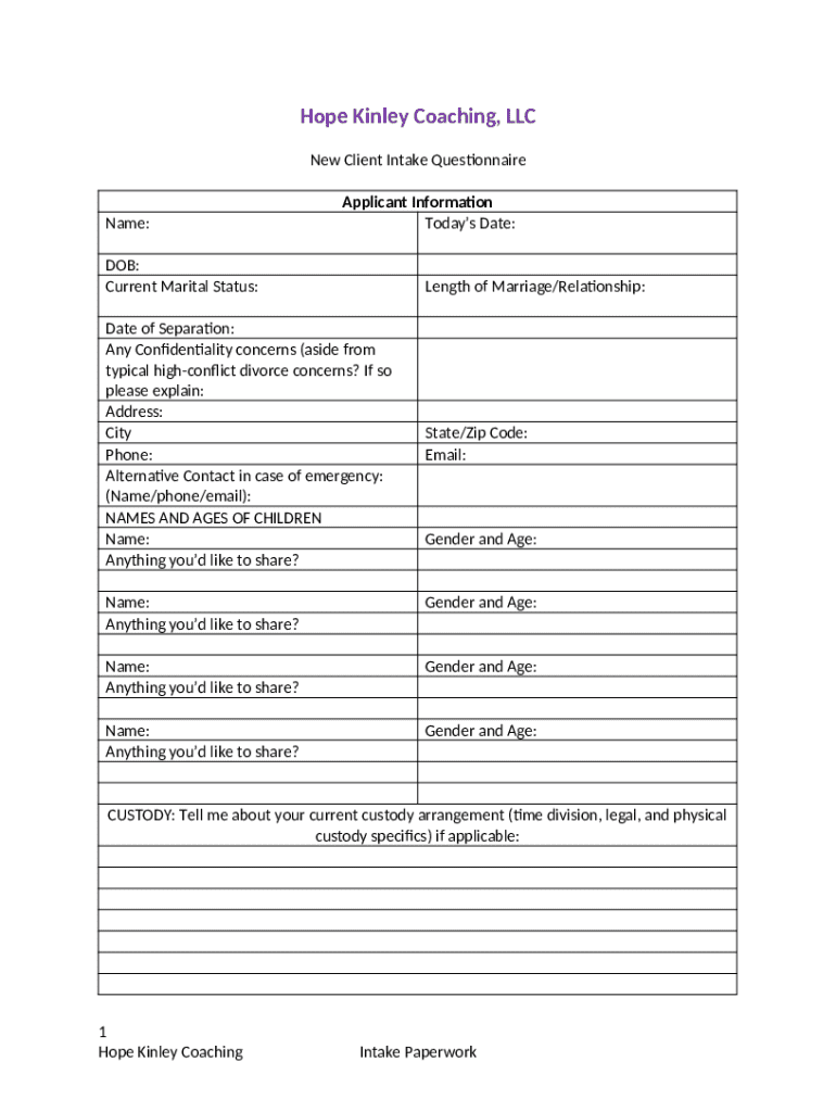 New Client Intake Questionnaire Doc Template | pdfFiller