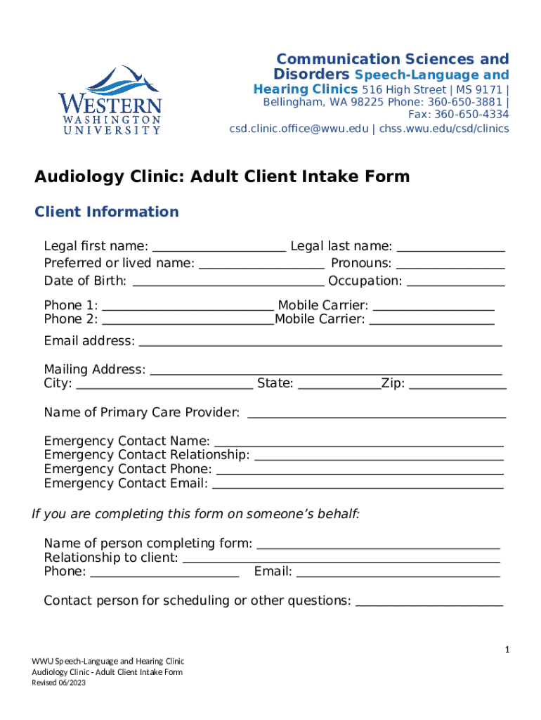 Audiology Clinic: Adult Client Intake - chss wwu Doc Template | pdfFiller