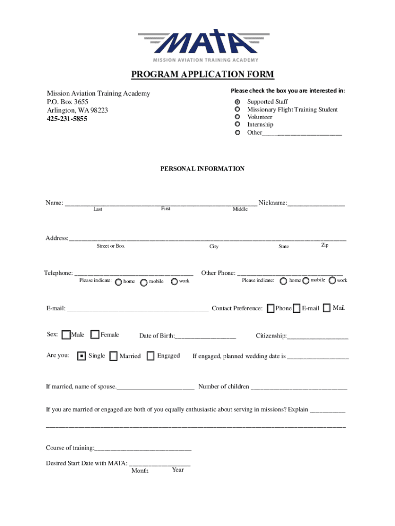 Fillable Online Mission Aviation Training Academy Program Application ...
