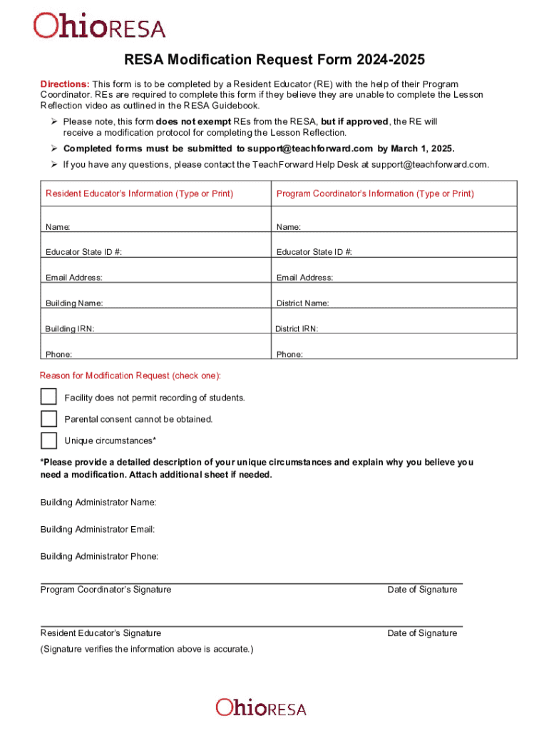Fillable Online Resa Modification Request Form 2024-2025 for Resident ...