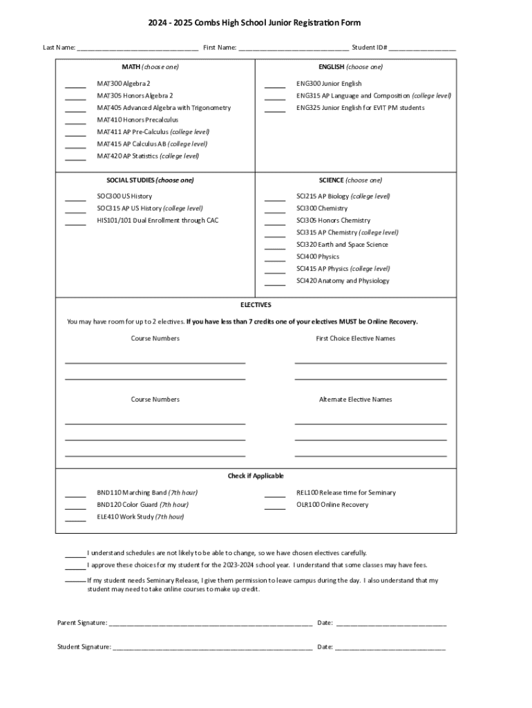 Fillable Online 2024-2025 Combs High School Junior Registration Form ...