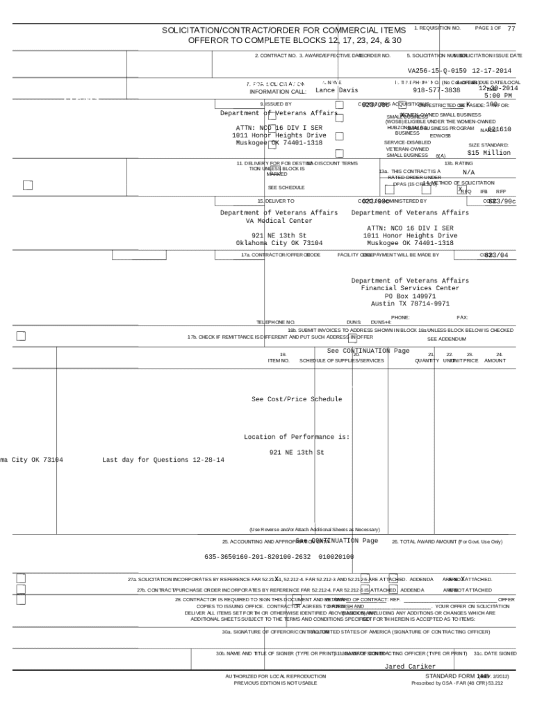 Sf 1449 Solicitation/contract/order for Commercial Items Doc Template ...