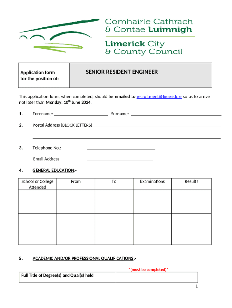 Application for Senior Resident Engineer Doc Template | pdfFiller