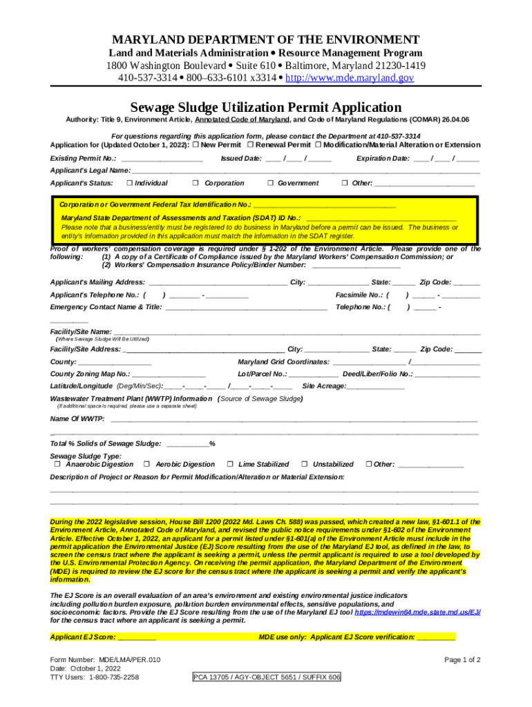 Sewage Sludge Utilization Permit Application - mde maryland Doc Template | pdfFiller
