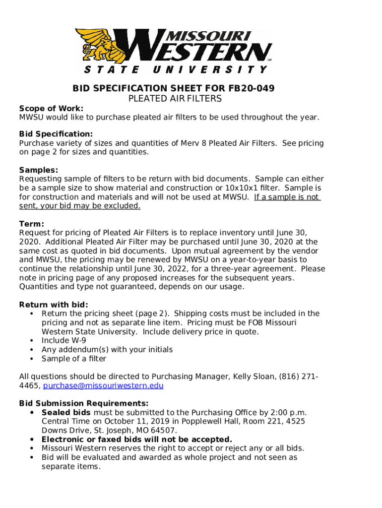 Bid Specification Sheet for Fb20-049 Doc Template | pdfFiller