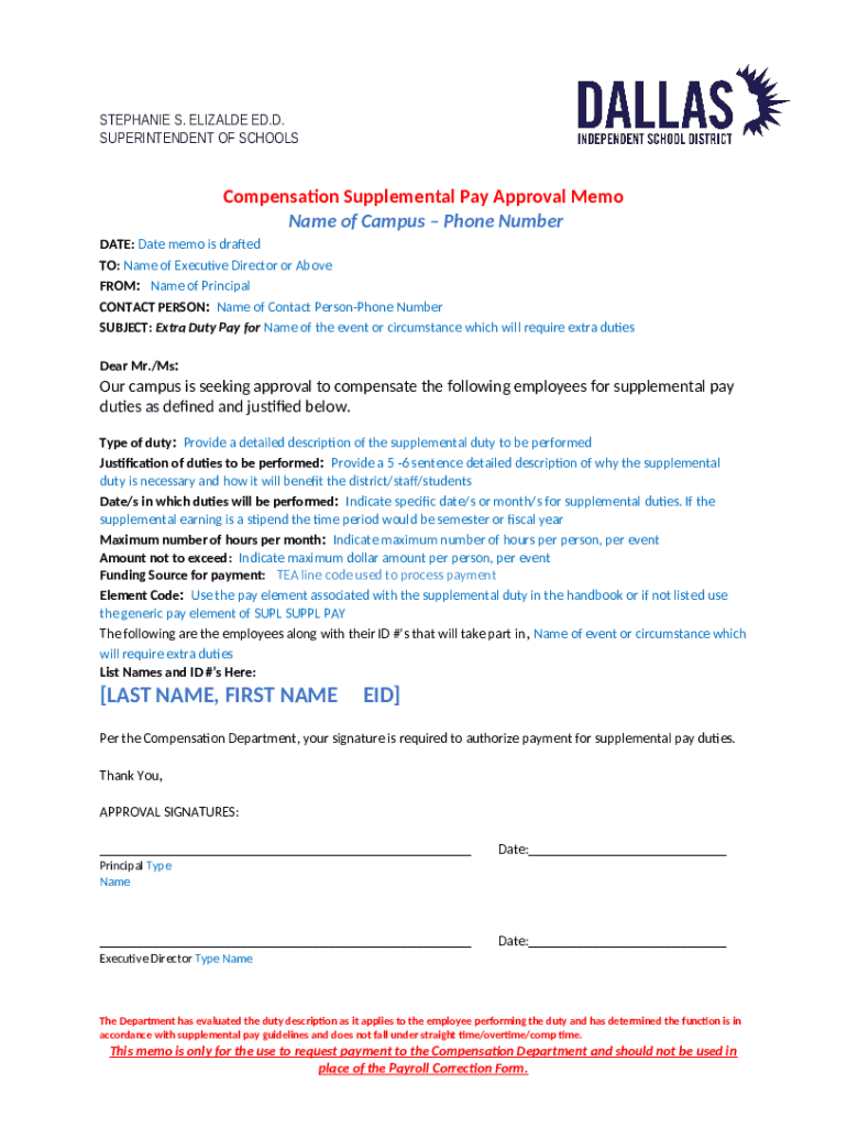 Compensation Supplemental Pay Approval Memo Name of ... Doc Template | pdfFiller