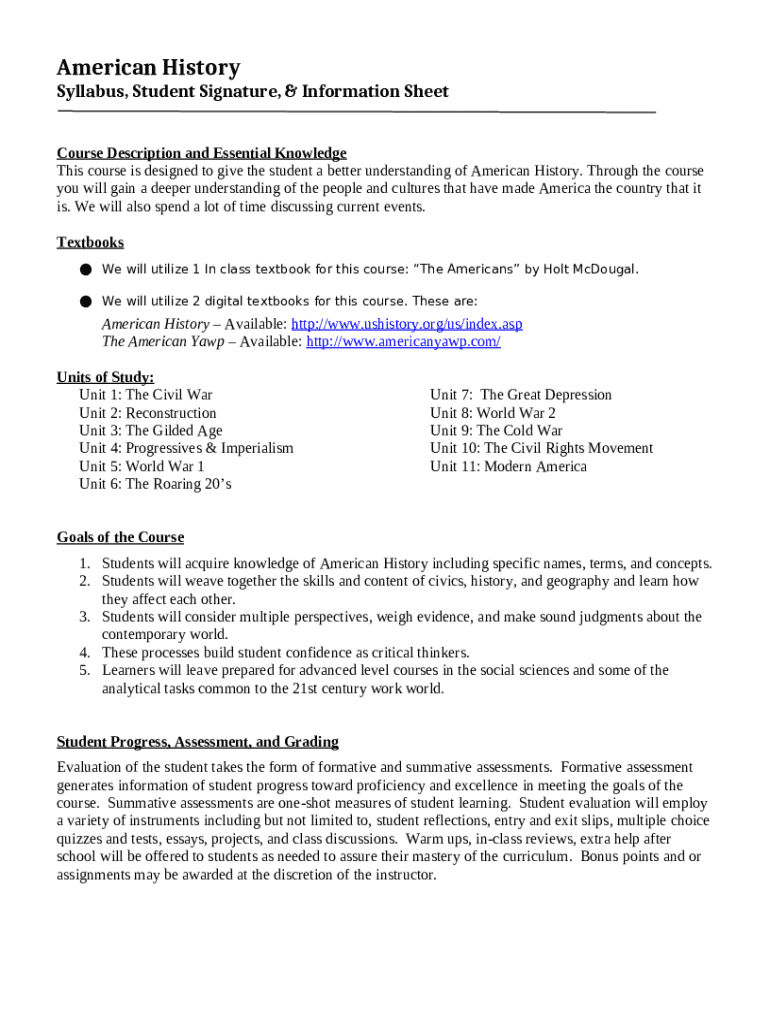 American History Syllabus, Student Signature, & Ination Sheet Doc ...