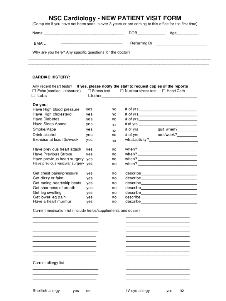 Fillable Online Nsc Cardiology New Patient Visit Form 2023 Fax Email ...