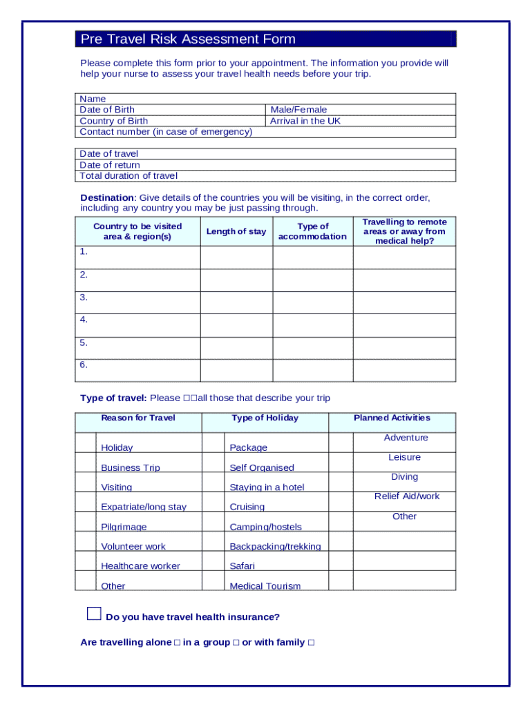 Pre Travel Risk Assessment Doc Template | pdfFiller