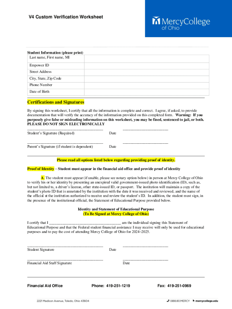 Fillable Online V4 Custom Verification Worksheet 2024-2025 for Mercy College of Ohio Fax Email ...