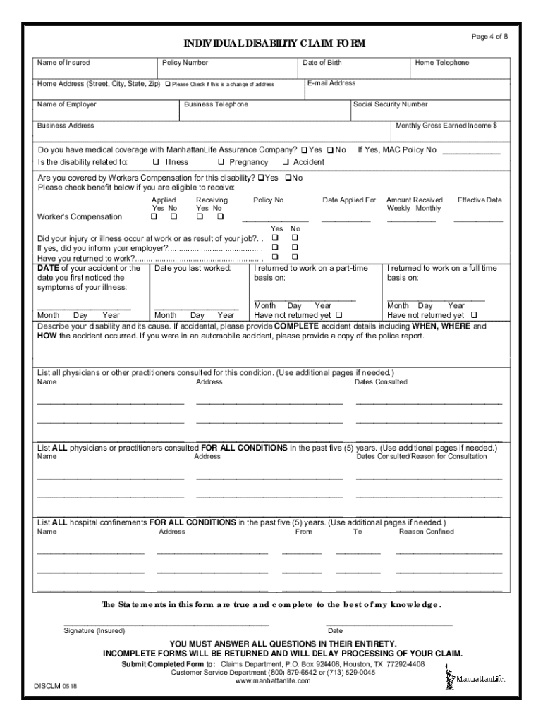 Fillable Online Disability Initial Claim Form - Manhattanlife Assurance ...